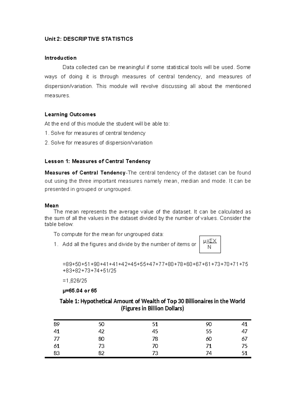 Unit 2: Descriptive Statistics - Measures of Central Tendency ...