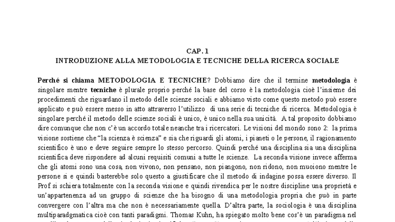 CAP. 1: INTRODUZIONE ALLA METODOLOGIA E TECNICHE DELLA RICERCA SOCIALE ...