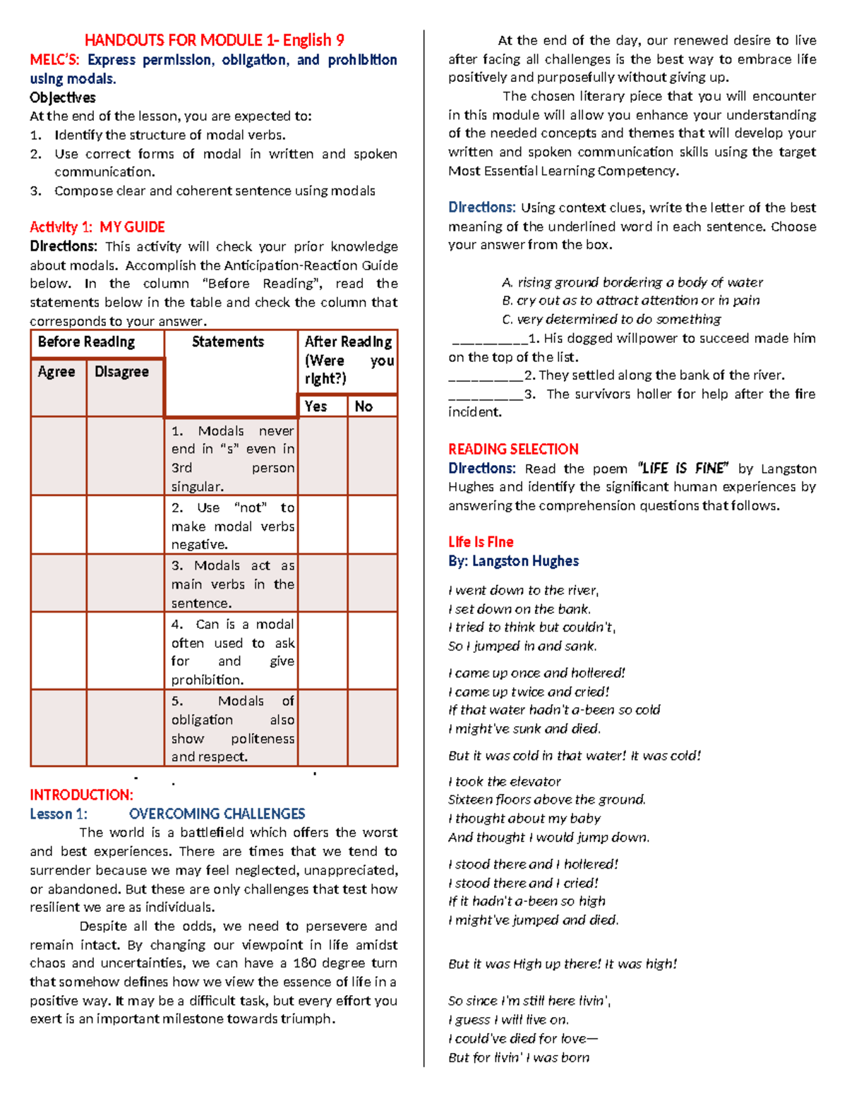 Quarter 1 Handouts Eng9 modals - HANDOUTS FOR MODULE 1- English 9 MELC ...