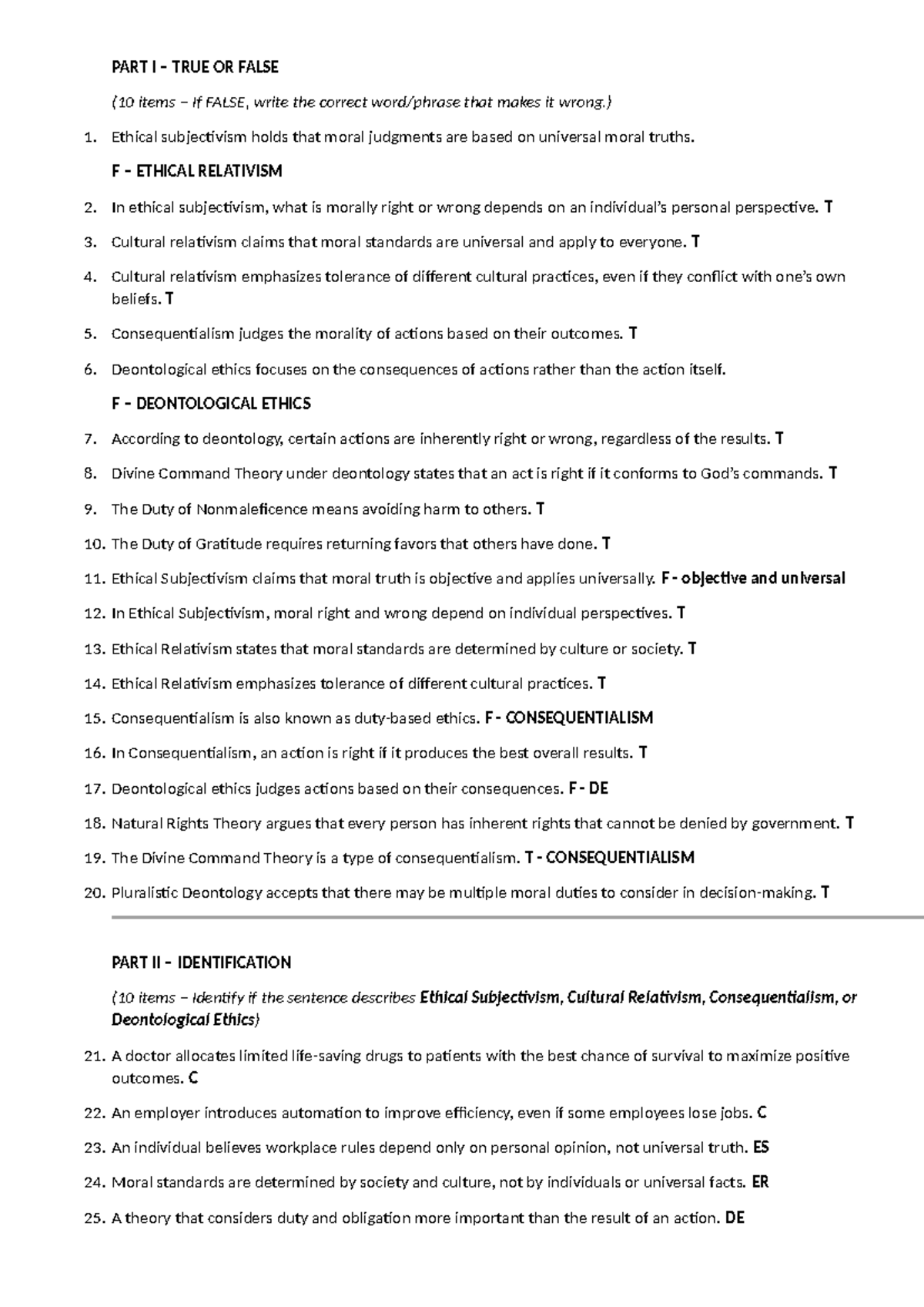 Sample Quiz - Ethics (Part I: True/False & Part II: Identification ...