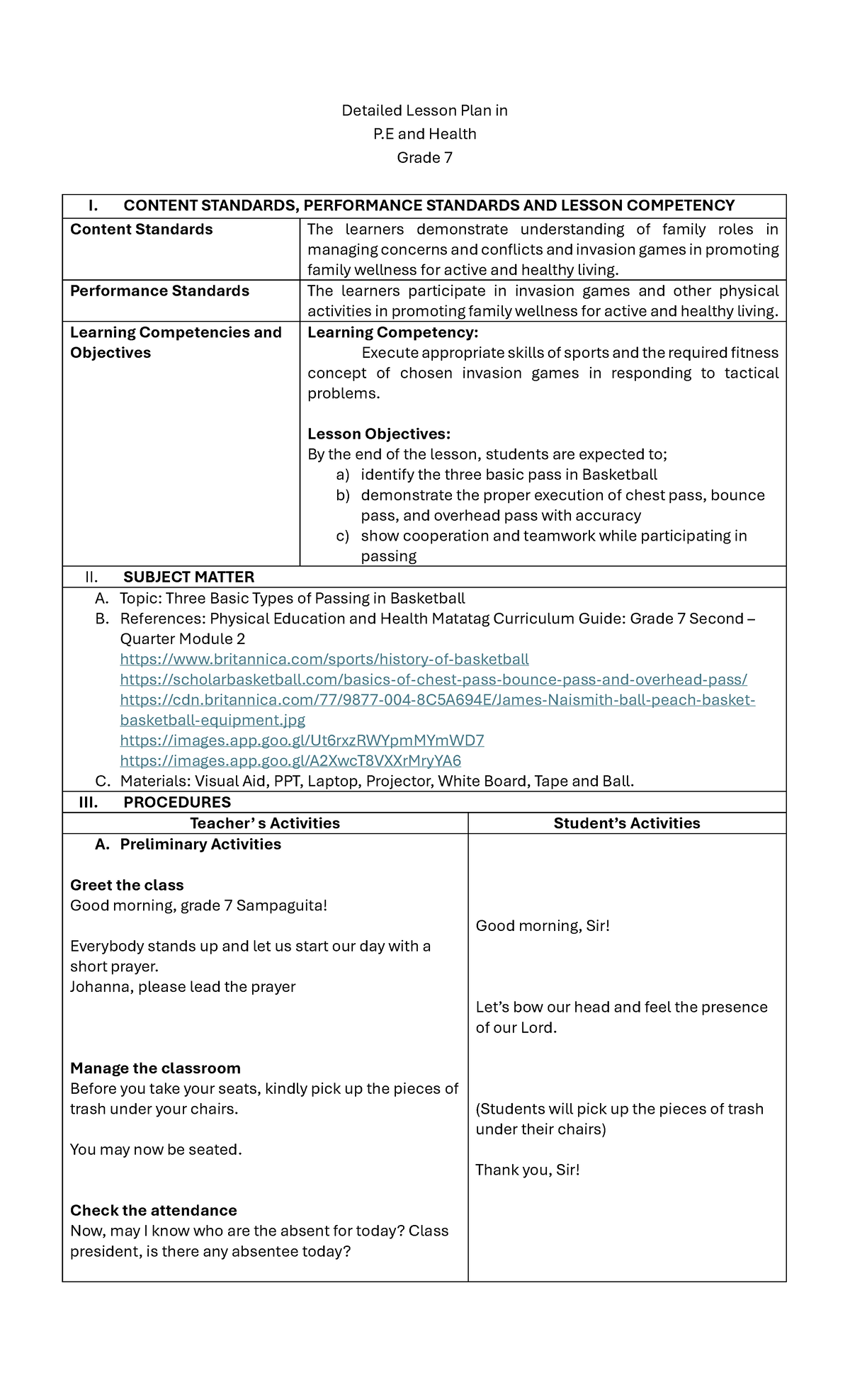 Detailed Lesson Plan: Invasion Games & Passing Skills in P.E. (Grade 7 ...