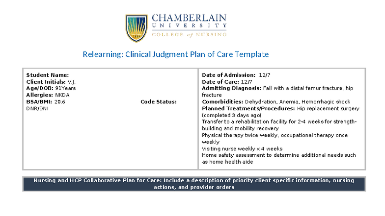 CJSim 2023: Clinical Judgment Plan of Care for V.J. (91 Years) - Studocu