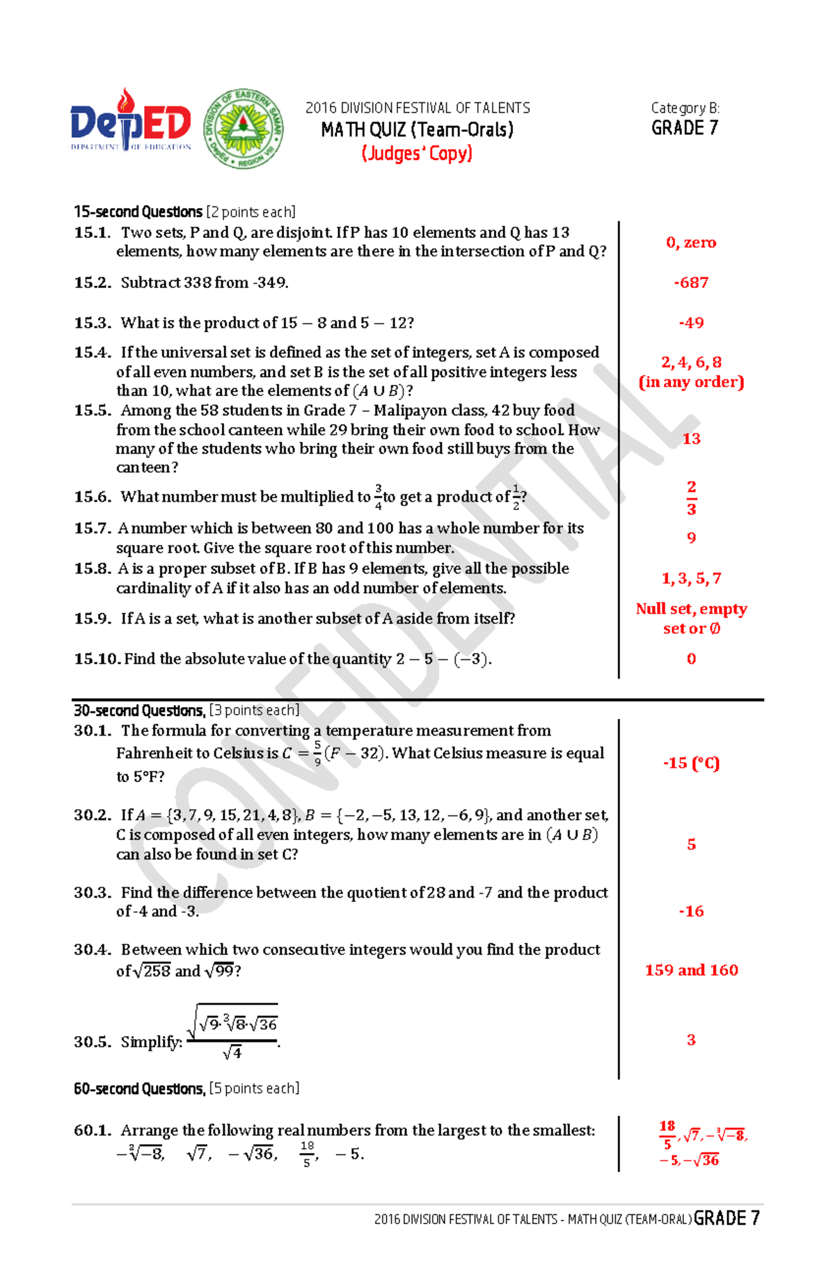 Grade 7 Math Quiz - Festival of Talents (Judges' Copy) - Studocu