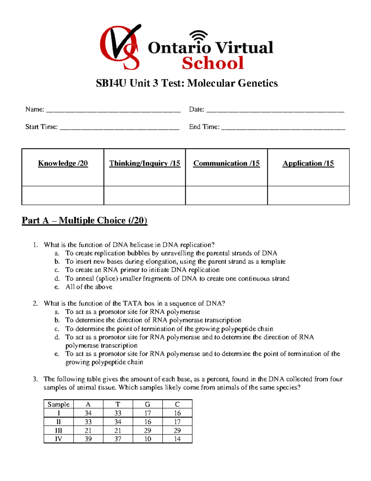 SBI4U Unit 3 Test: Molecular Genetics Assessment Guide - Studocu