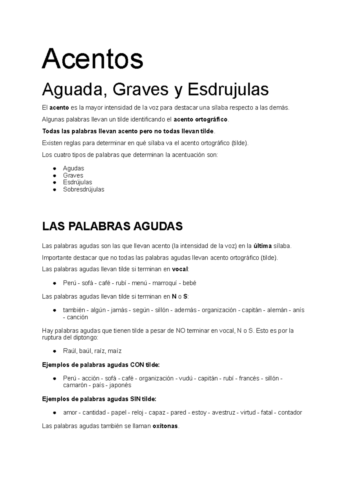Acentos en el Español: Agudas, Graves y Esdrújulas - Studocu