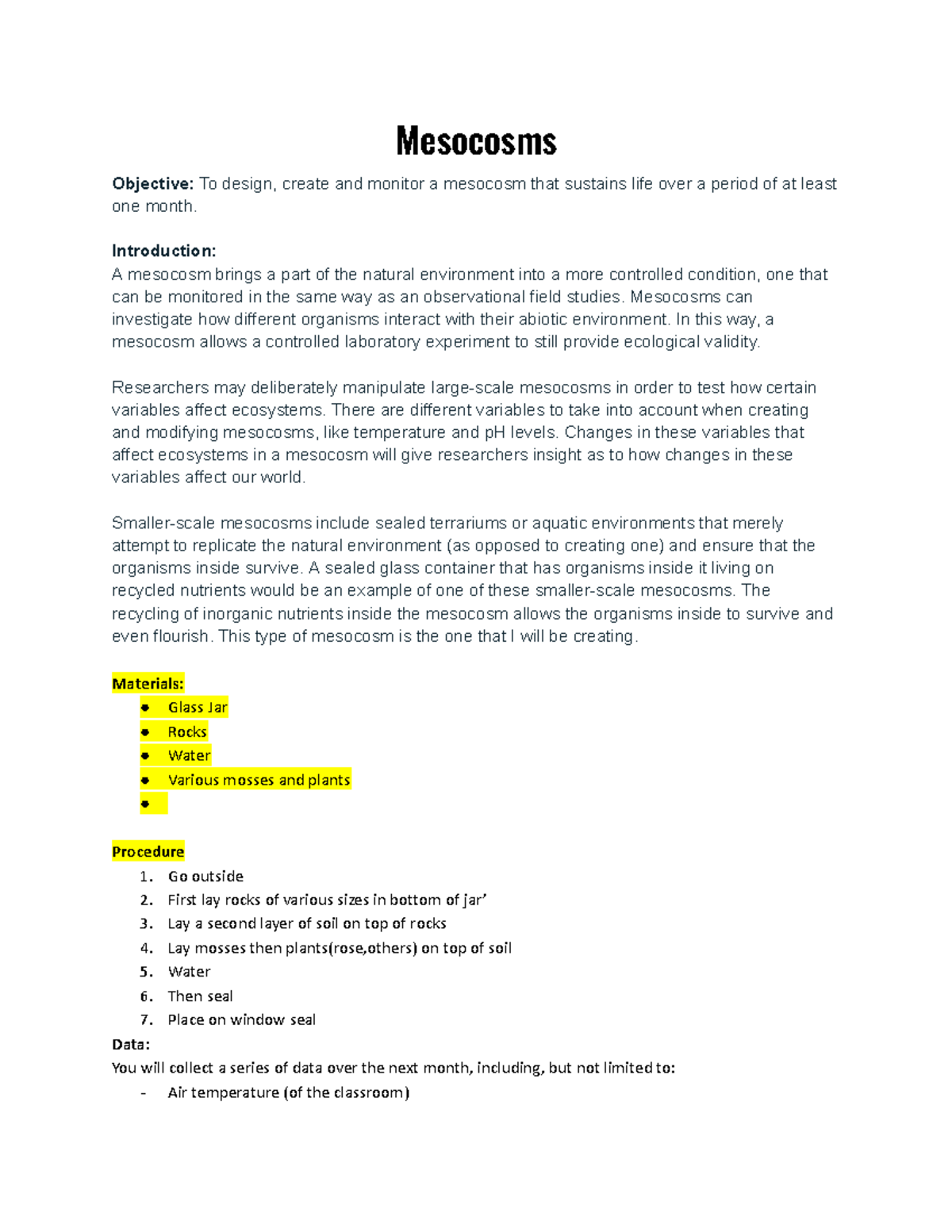 Mesocosms Lab Report - Design, Execution, and Data Analysis - Studocu