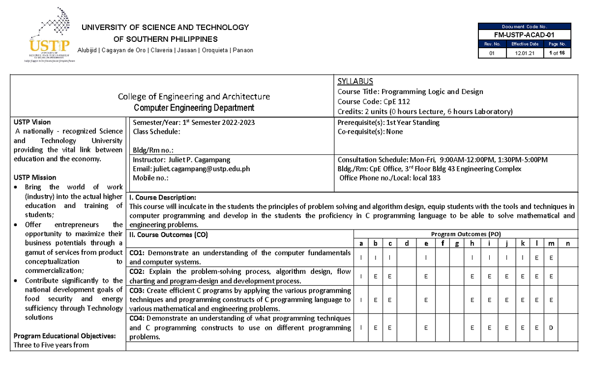 Syllabus for CpE 112: Programming Logic and Design - Aug 2022 - Studocu