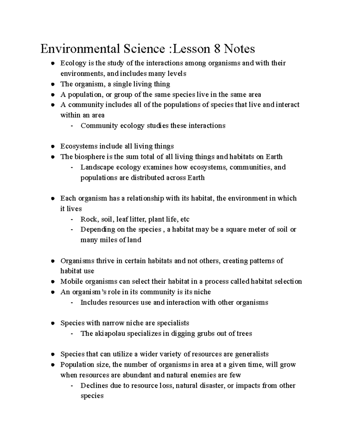 Environmental Science: Lesson 8 Notes on Ecology & Pop Dynamics - Studocu