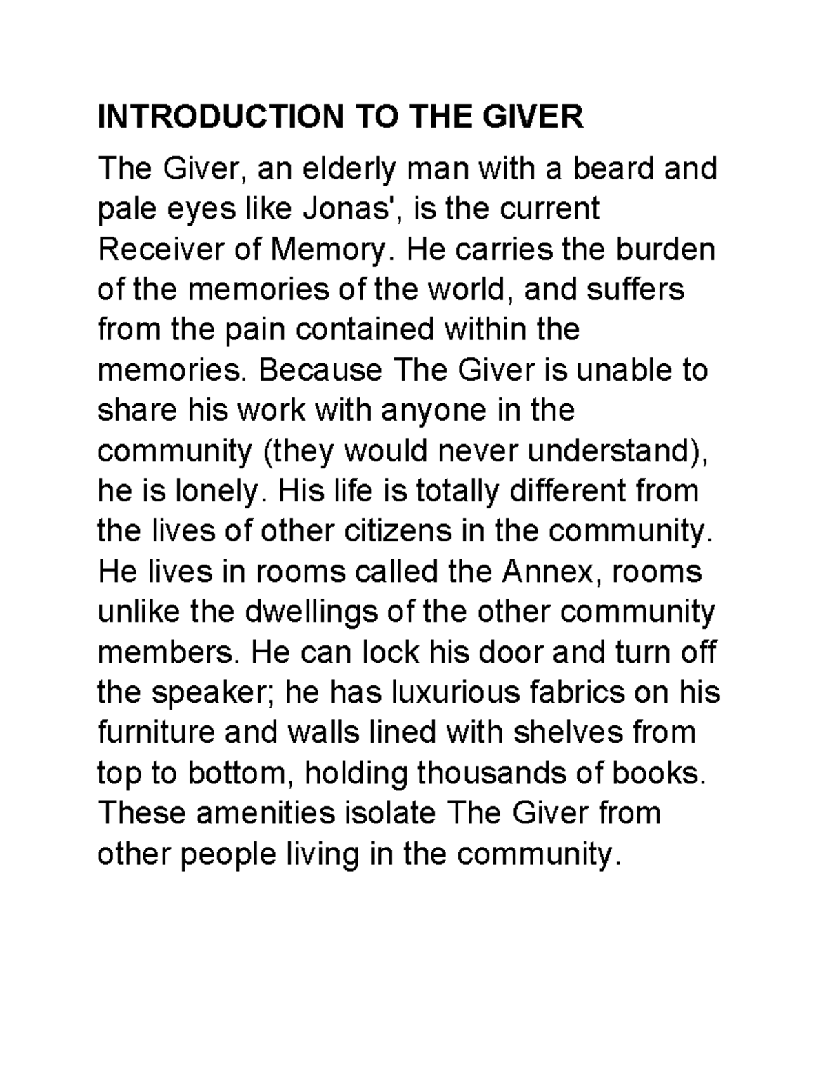 Introduction FOR Character Development - INTRODUCTION TO THE GIVER The ...