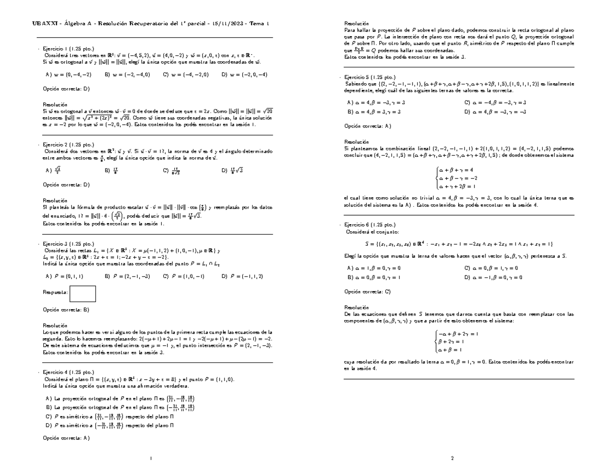 UBAXXI A Recuperatorio del Parcial de Álgebra 1er. Tema 2C - Studocu