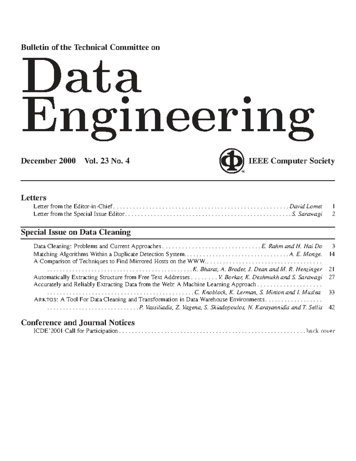 Data Engineering Bulletin: Special Issue on Data Cleaning (Vol. 23, No. 4) - Studocu