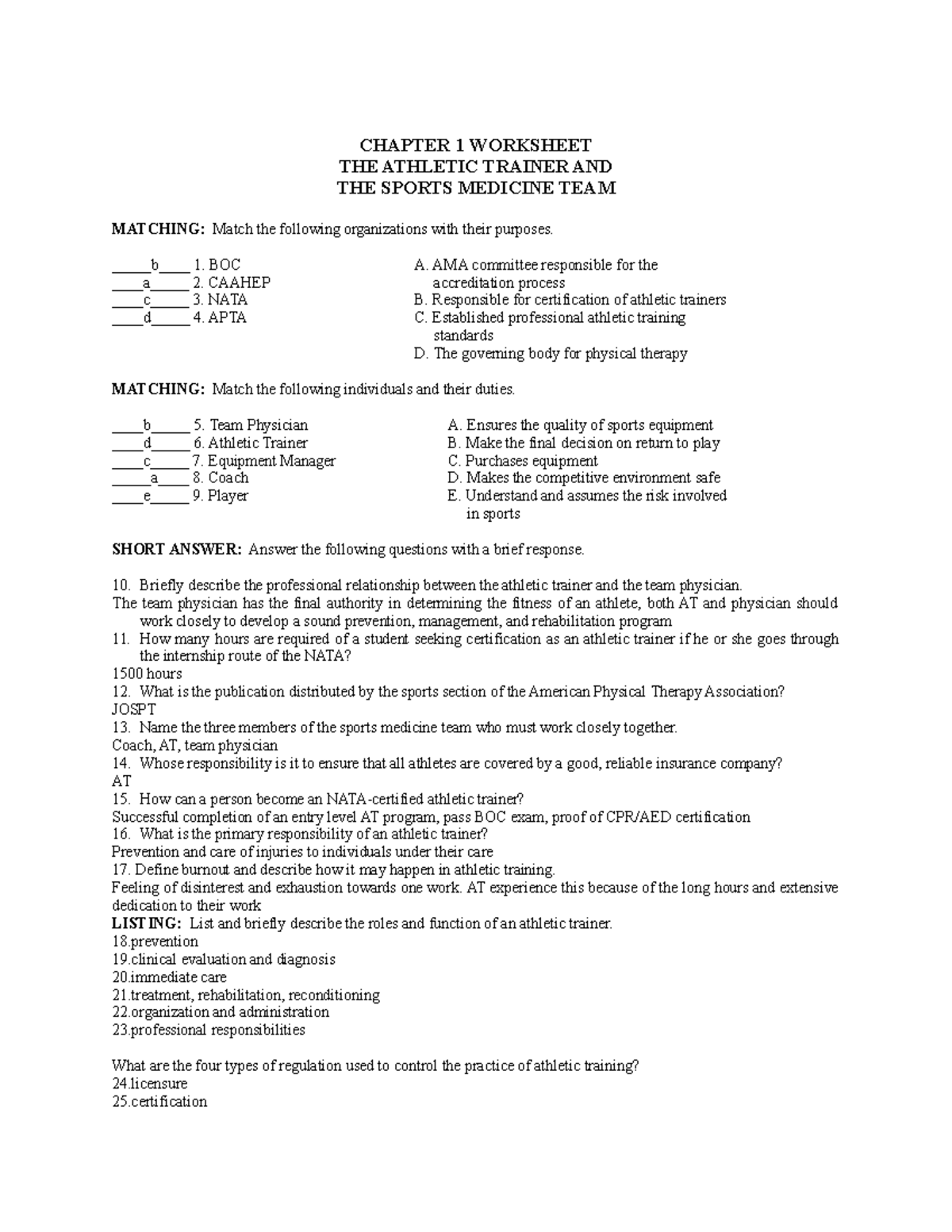 Domain 5: Athletic Trainer & Sports Medicine Worksheets (Part 1) - Studocu