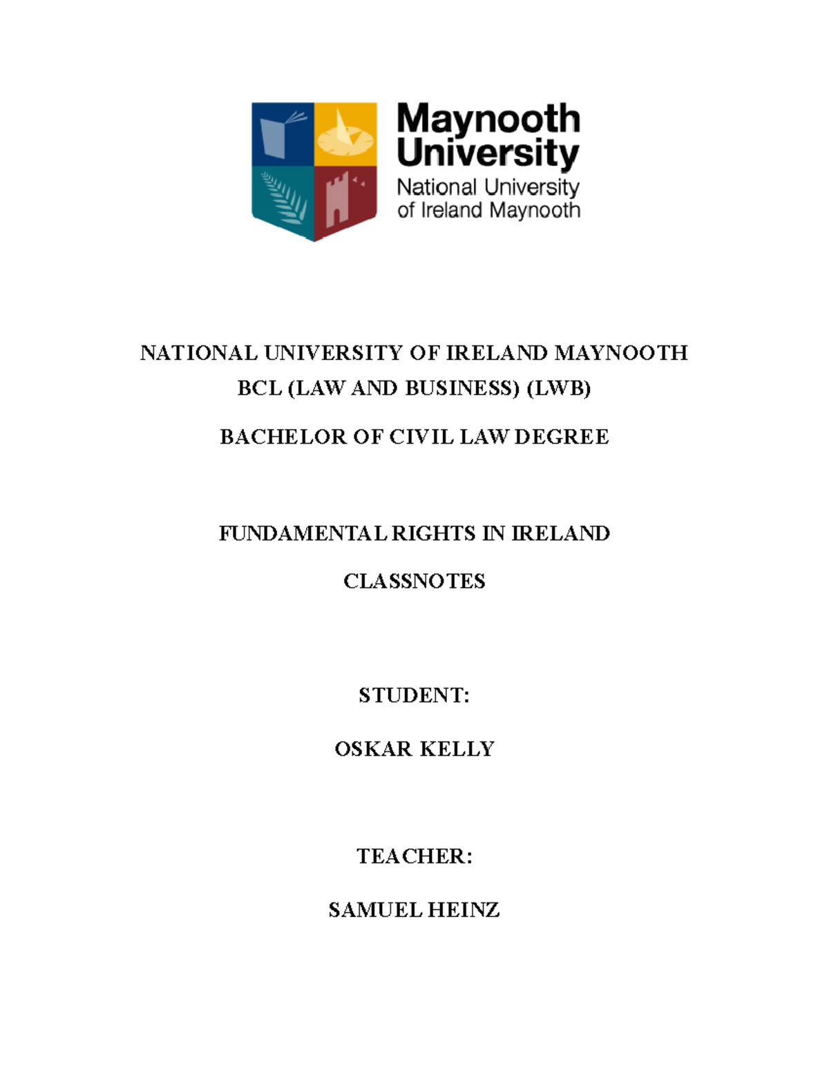 BCL(LWB) Classnotes on Fundamental Rights in Ireland Overview - Studocu
