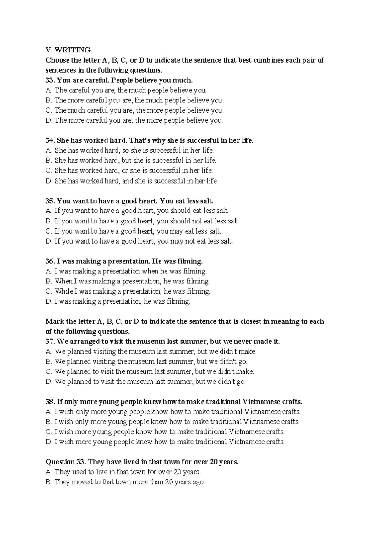 Writing & Communication Exercises G9: Sentence Combination Practice ...