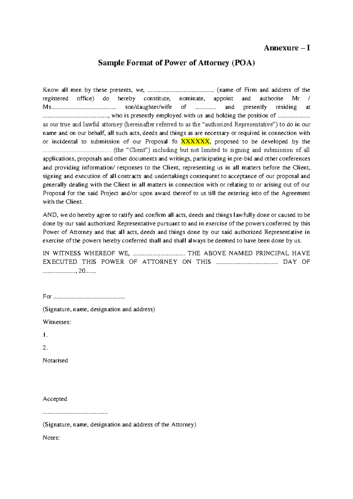 Sample POA Format and Instructions for XXXXXX Project Submission - Studocu