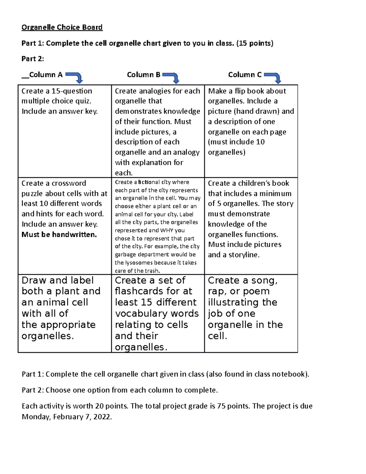 Organelle Choice Board - Organelle Choice Board Part 1: Complete the cell organelle chart given ...