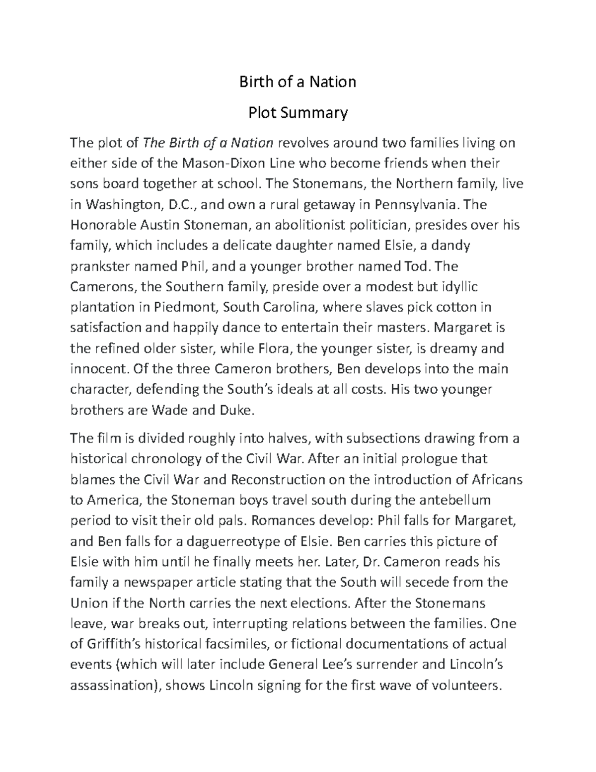 **Birth of a Nation (Film) - Detailed Plot Summary Analysis** - Studocu