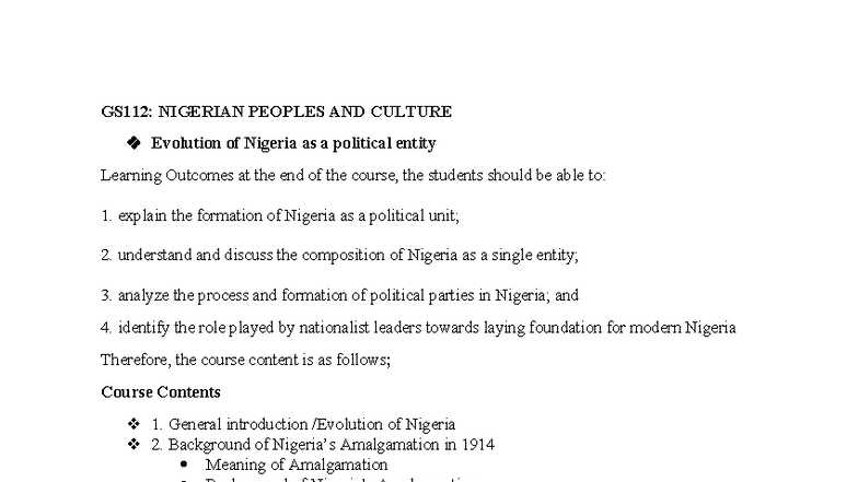 GS112: NIGERIAN PEOPLES AND CULTURE - Evolution of Nigeria as a ...