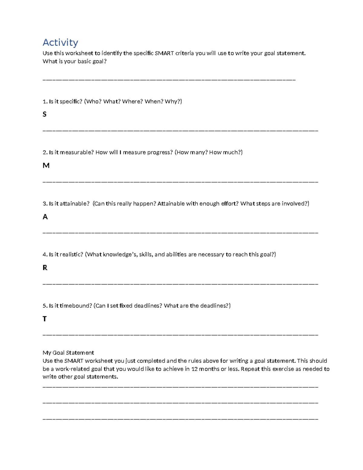 Smart Goals Activity - Information about stuff - Activity Use this ...