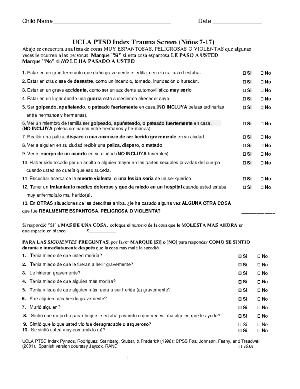 UCLA PTSD Index Trauma Screen for Children (Spanish Version) - Studocu