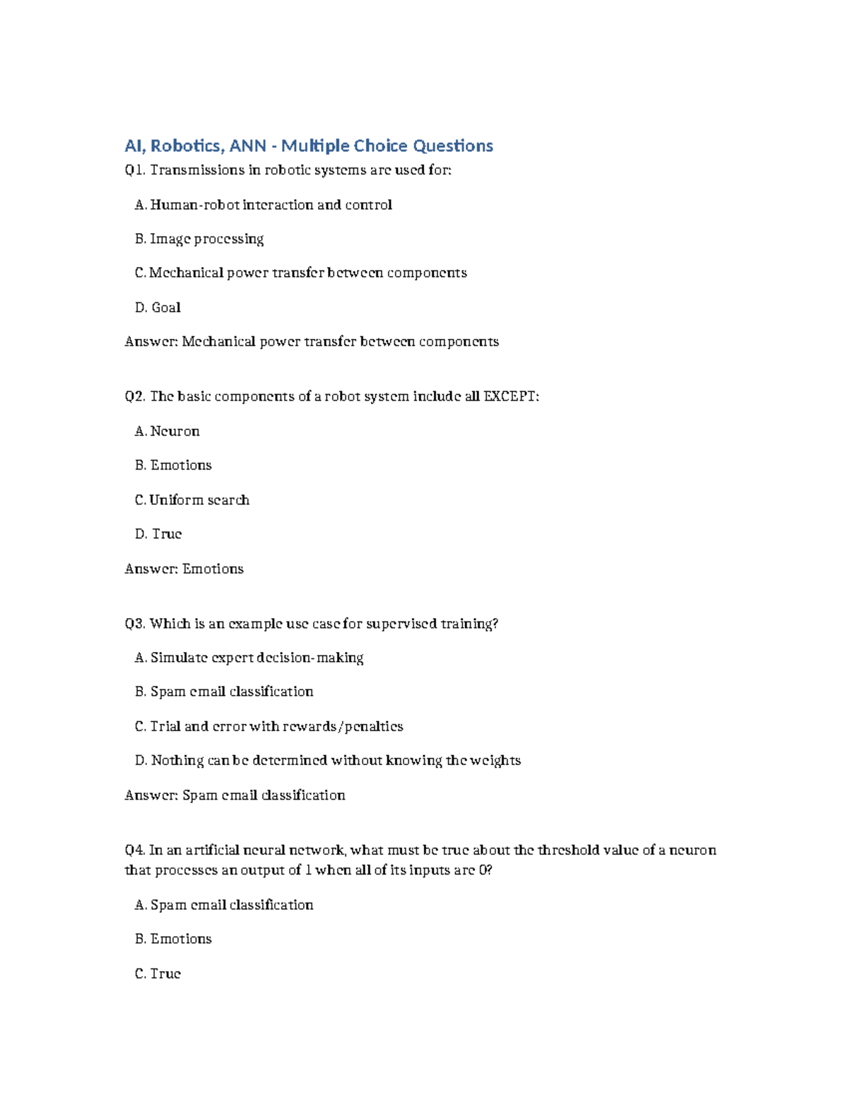 AI Robotics ANN MCQs - Multiple Choice Questions for Exam - Studocu