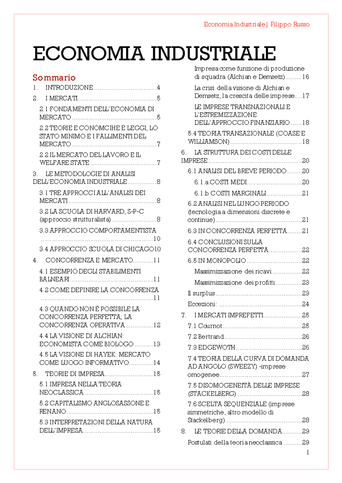 Economia Industriale - Dispensa di Filippo Russo: Funzioni e Teorie di ...