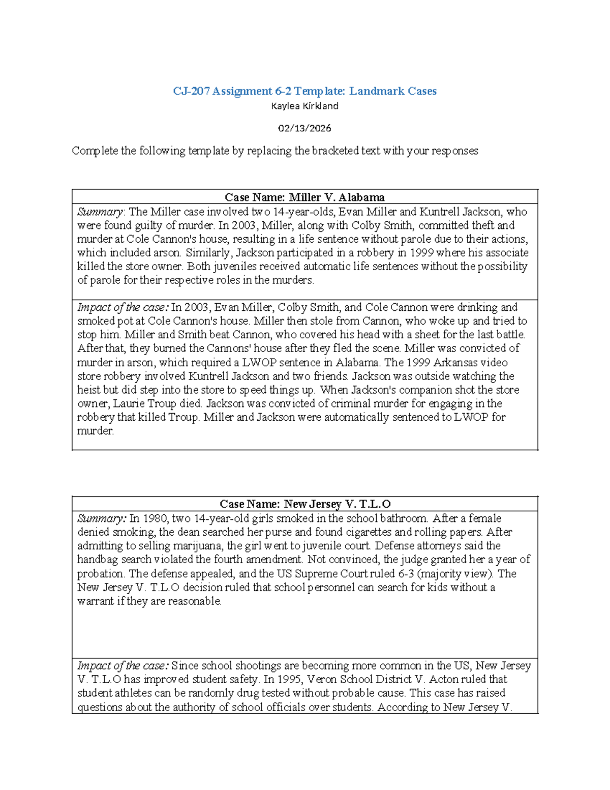 CJ-207 Assignment 6-2: Landmark Cases Analysis Template - Studocu