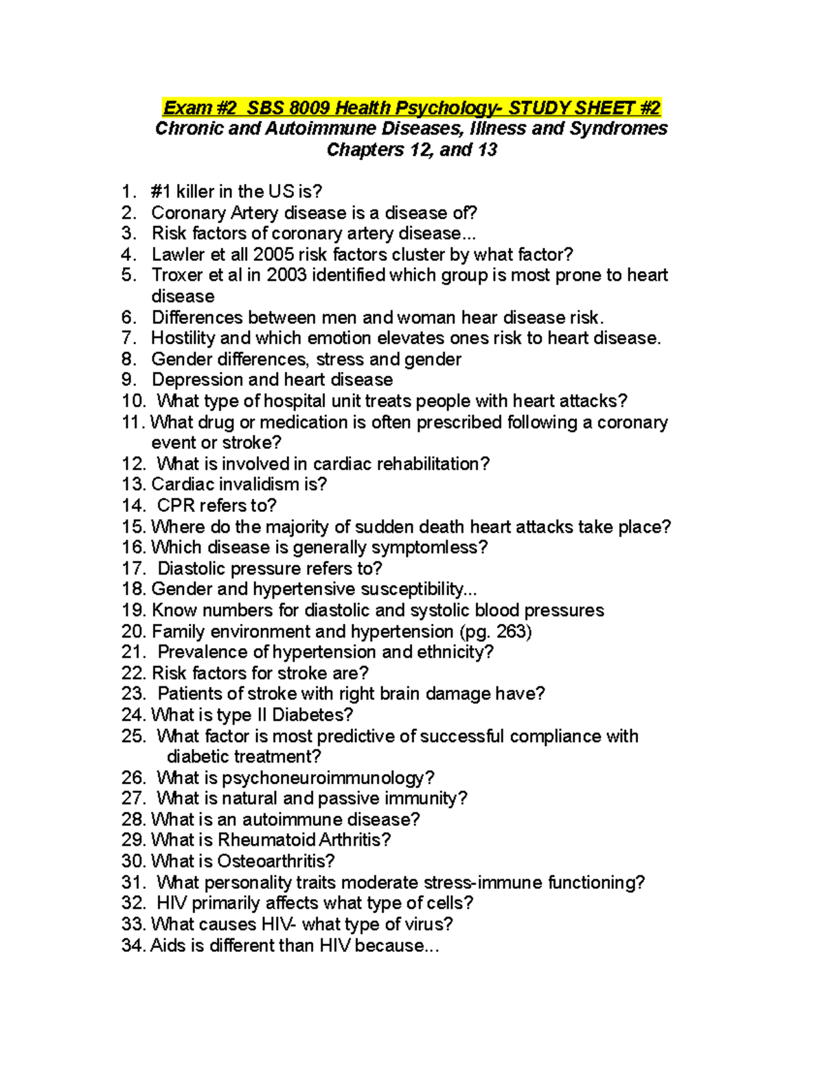 SBS 8009 Health Psych Exam 2 Study Sheet: Chronic & Autoimmune Diseases ...