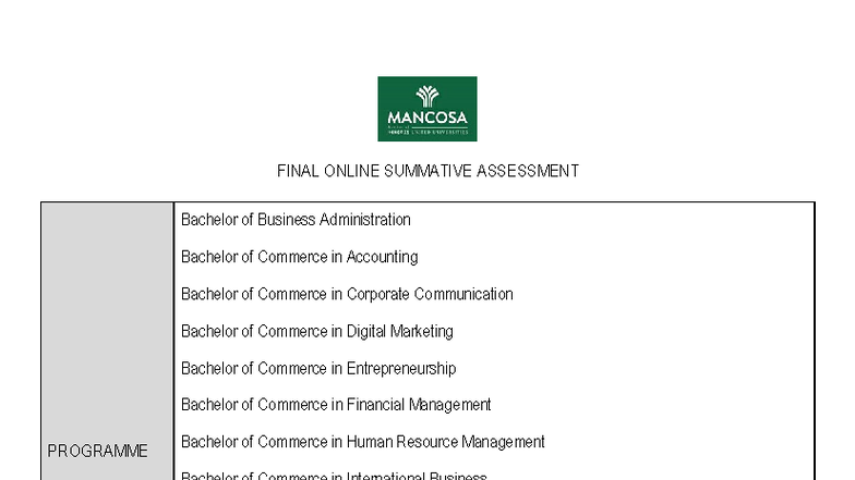 Introduction to Business Management Final OSA - BBA/BCom 2024 - Studocu