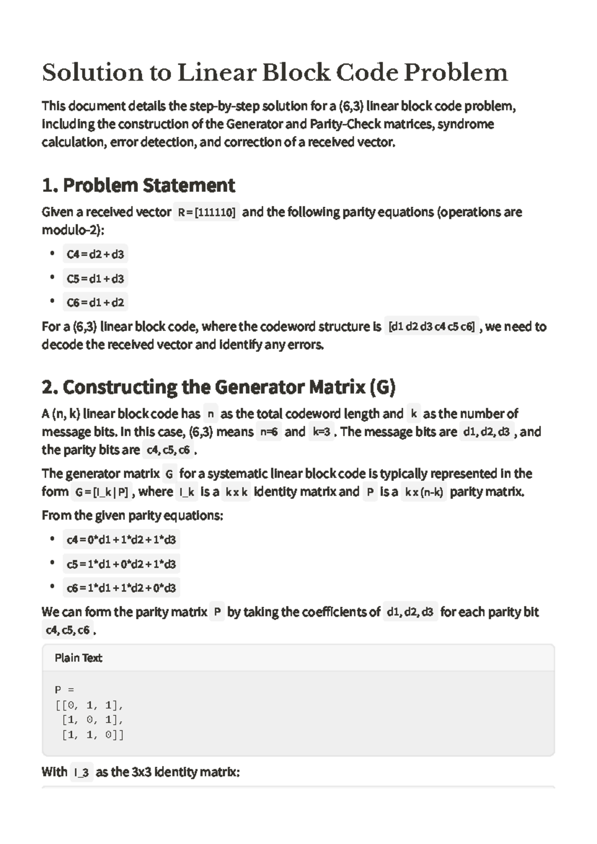 Linear Block Code (6,3) Problem Solution and Error Correction - Studocu