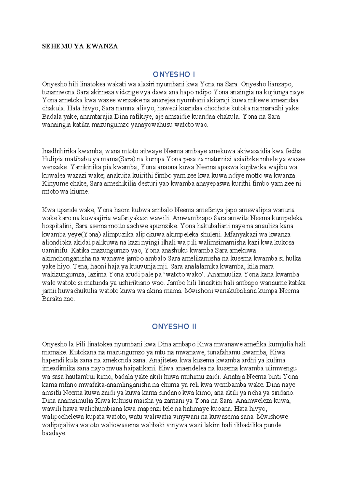 Muhtasari wa Sehemu za Bembea ya Maisha - Kiswahili 2023 - Studocu