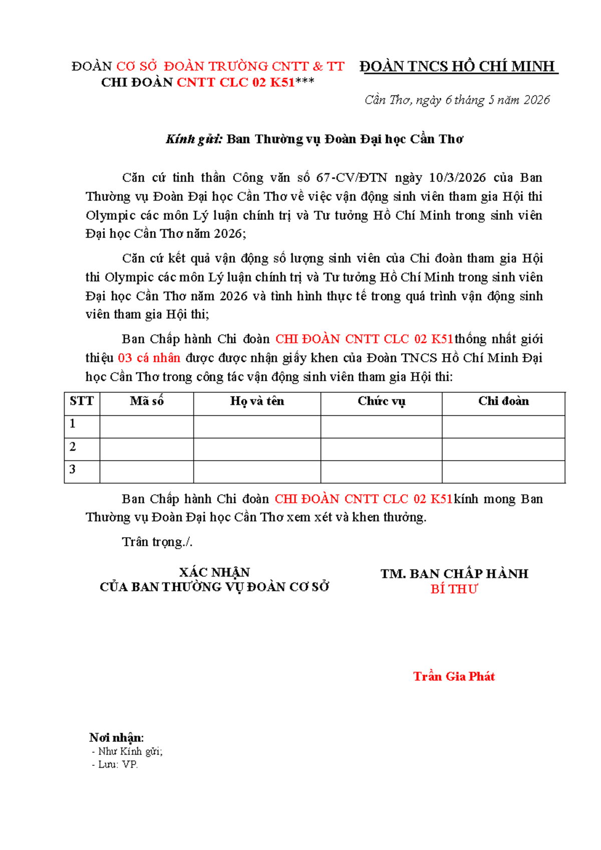 Công Văn Giới Thiệu Cá Nhân Khen Thưởng 2026 - CNTT CLC 02 - Studocu