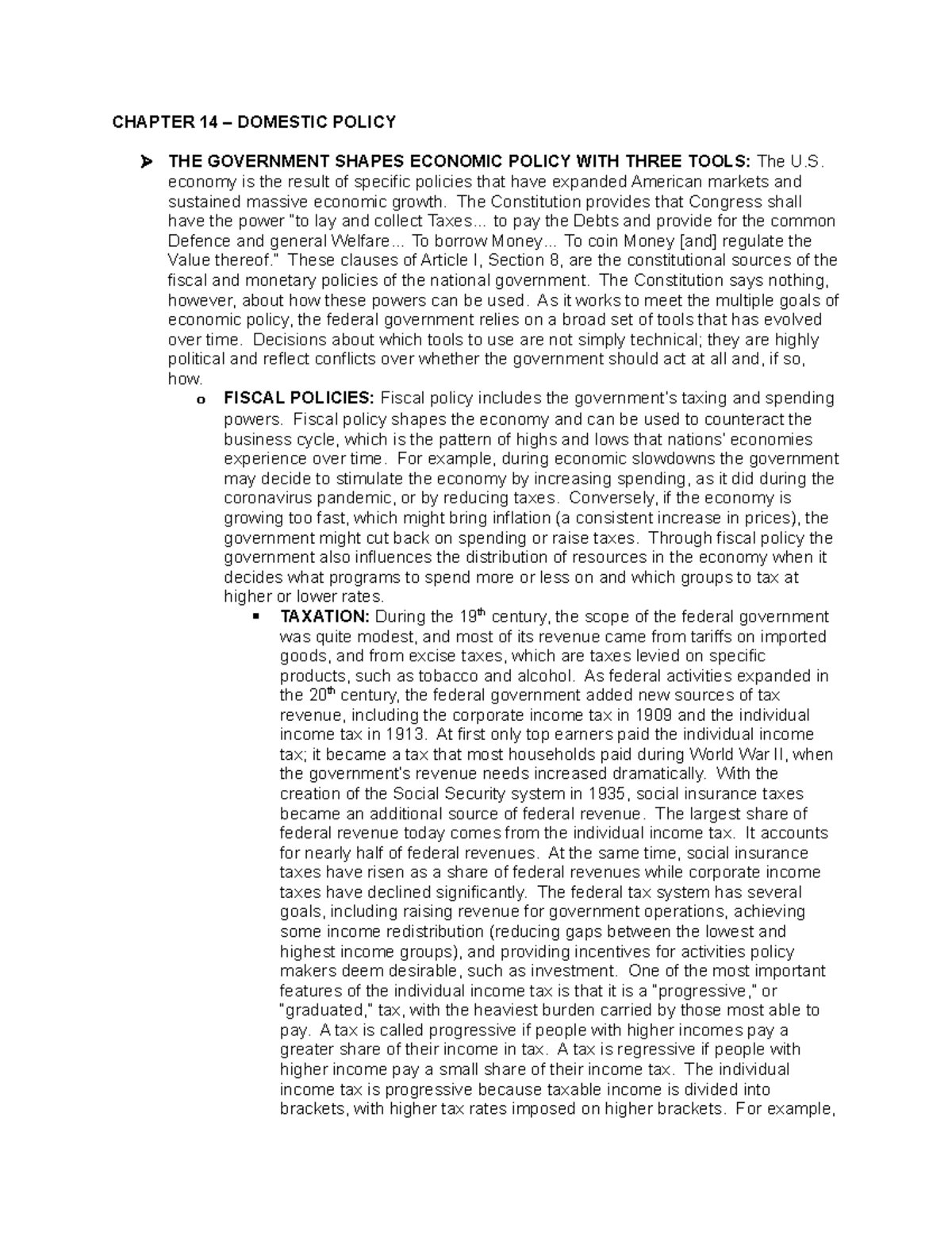 Chapter 14 Notes - CHAPTER 14 – DOMESTIC POLICY THE GOVERNMENT SHAPES ...
