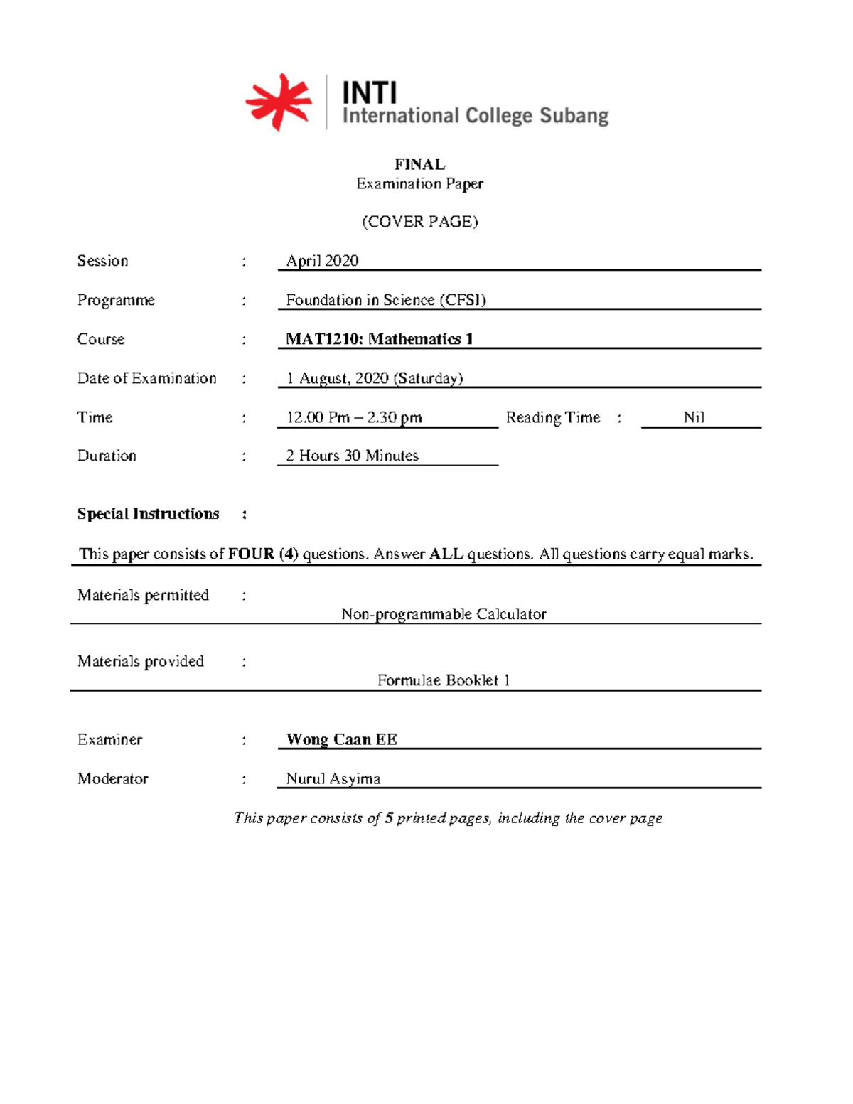 MAT1210 Mathematics 1 Question Paper APR 2020 Final Assesment - FINAL ...