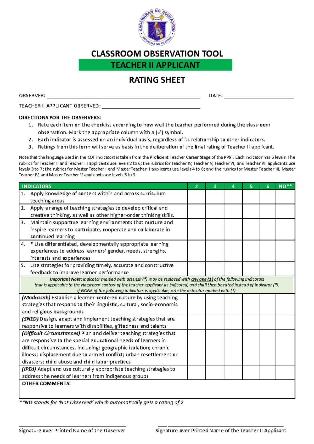COT-Rating Sheet for Teacher II Applicant Evaluation Form - Studocu