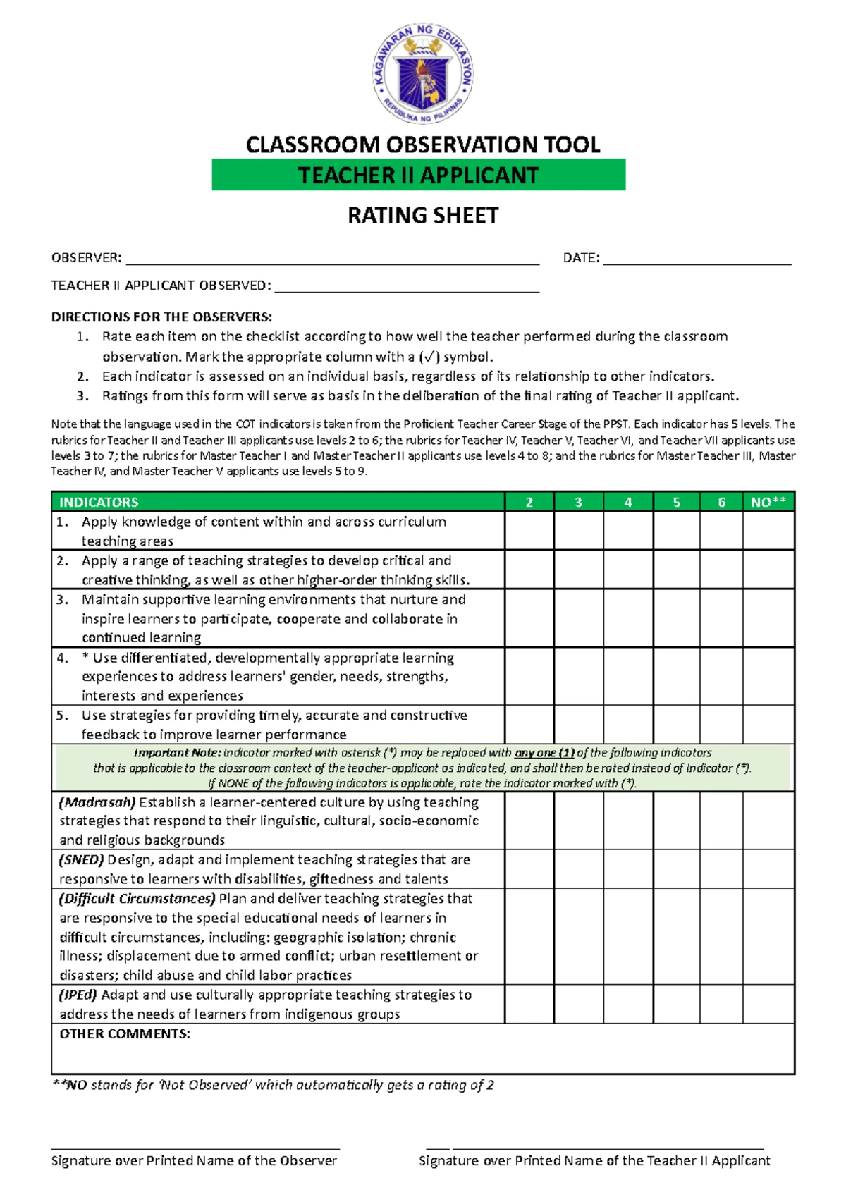 NCOI BEI Rating Sheet for Teacher Applicants Assessment - Studocu