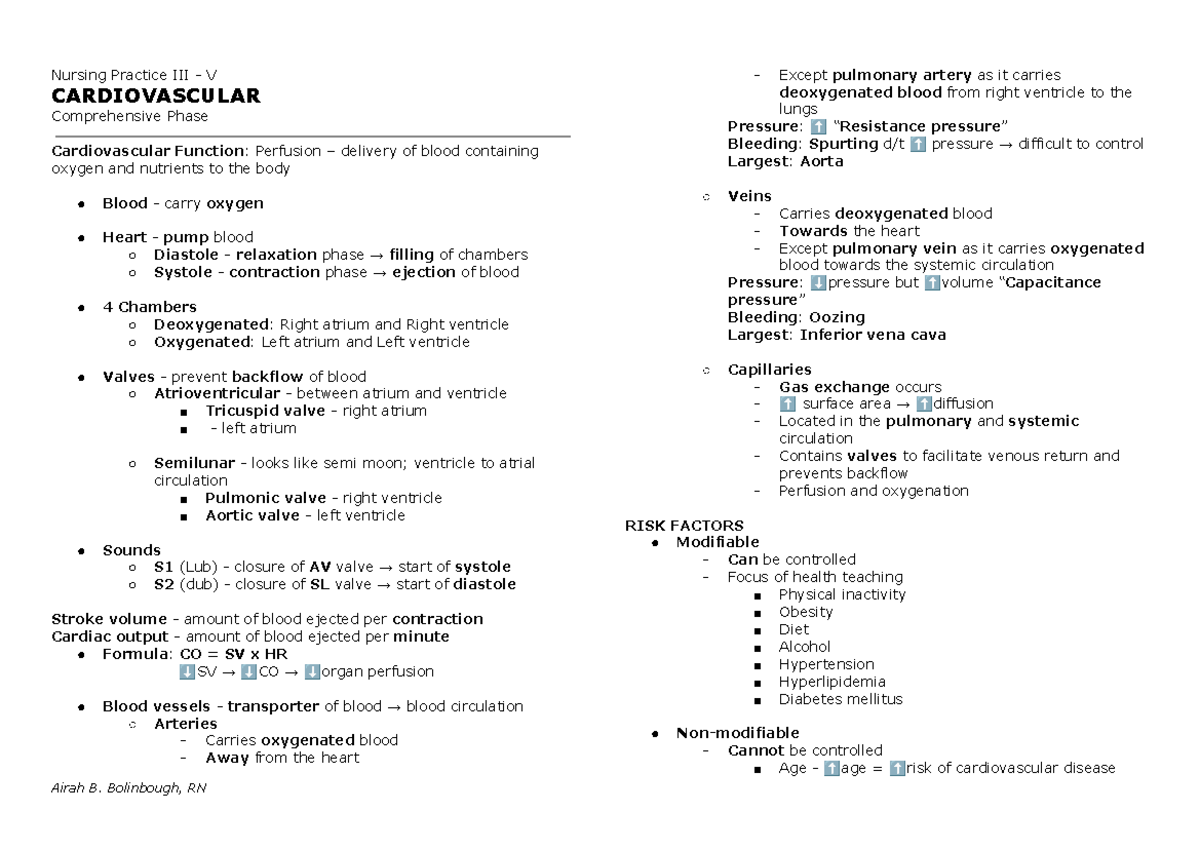 Nursing Practice V CARDIOVASCULAR Comprehensive Study Notes - Studocu