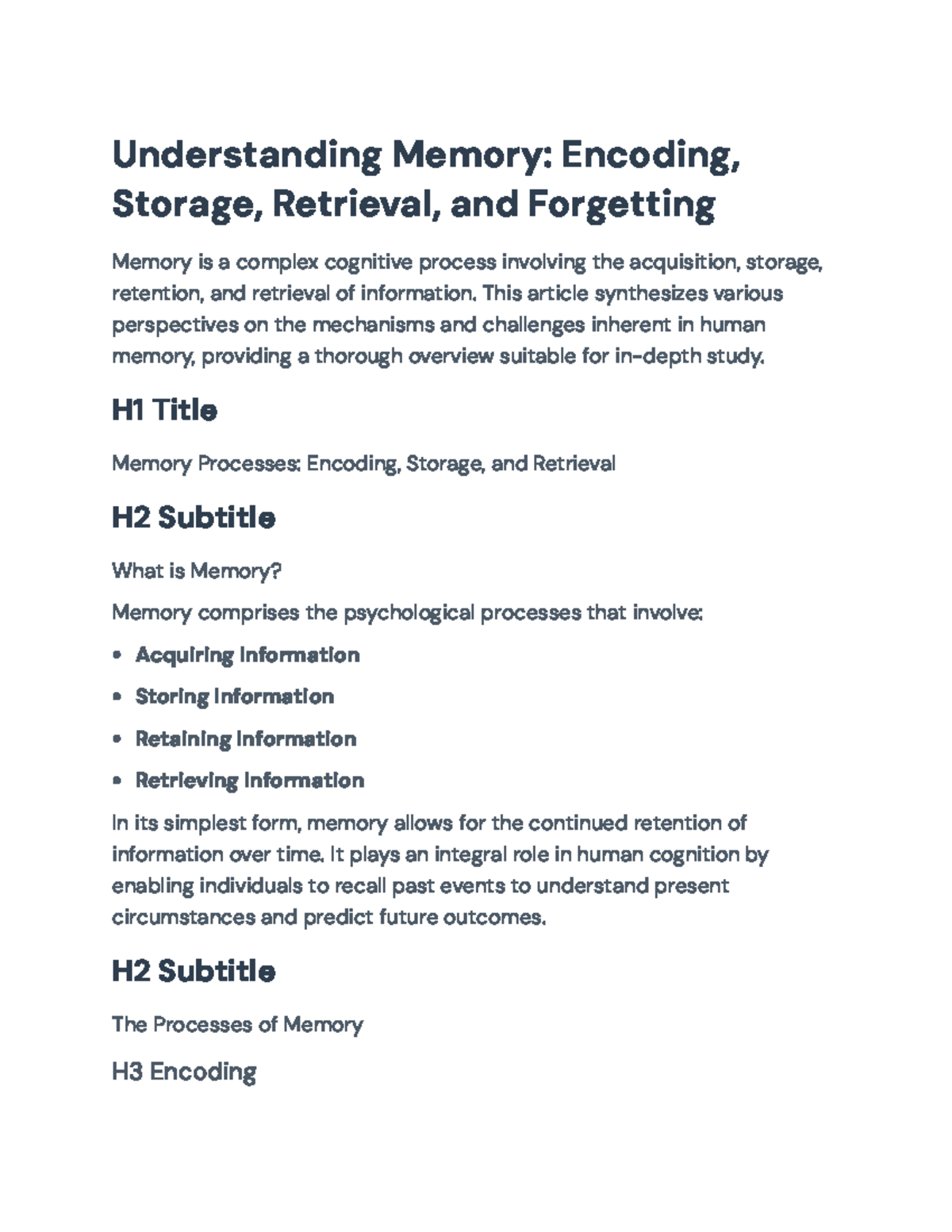 Memory Processes: Encoding, Storage, and Retrieval - PSY101 Study Guide ...