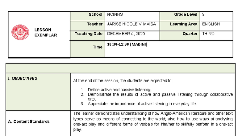 Active and Passive Listening - Lesson Plan for ENGLISH 3 (Quarter 9 ...