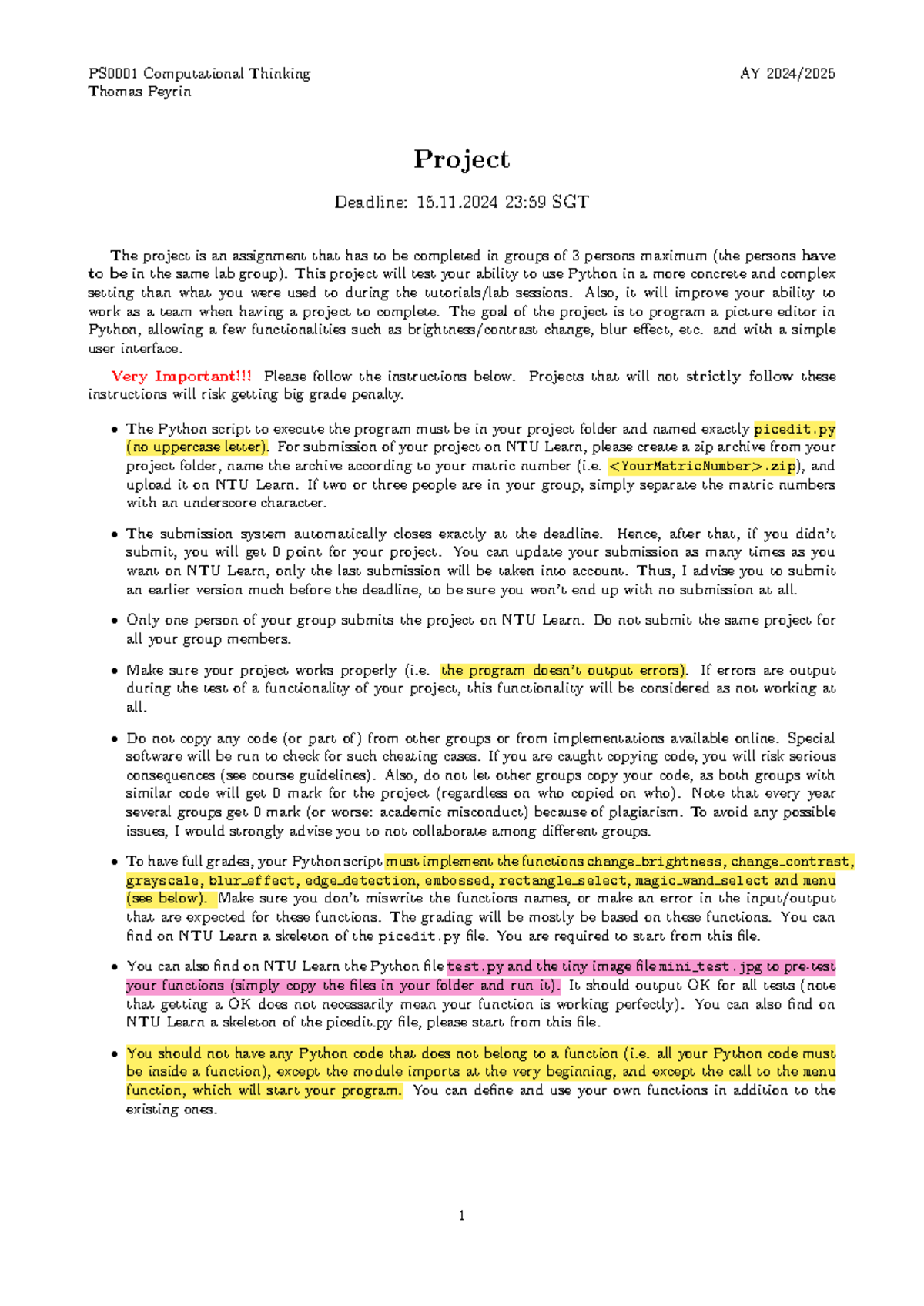 PS0001 Project: Python Picture Editor Development Guidelines - Studocu