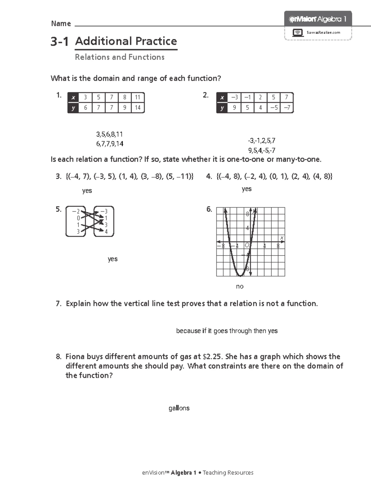 Exam 02.01: Relations & Functions Assessment - Algebra 1 V25 (5606 ...
