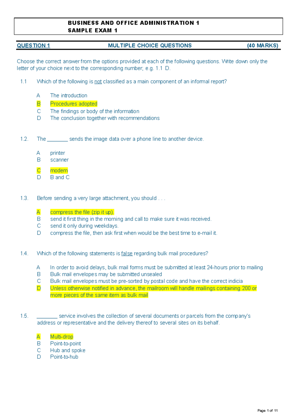 BOA1 Sample Exam 1 - Business and Office Administration - Studocu
