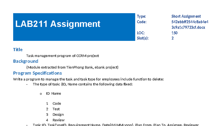 LAB211 Short Assignment: Task Management Program for CCRM Project - Studocu