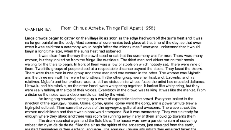 Achebe's Things Fall Apart: Chapter 10 Analysis and Summary - Studocu