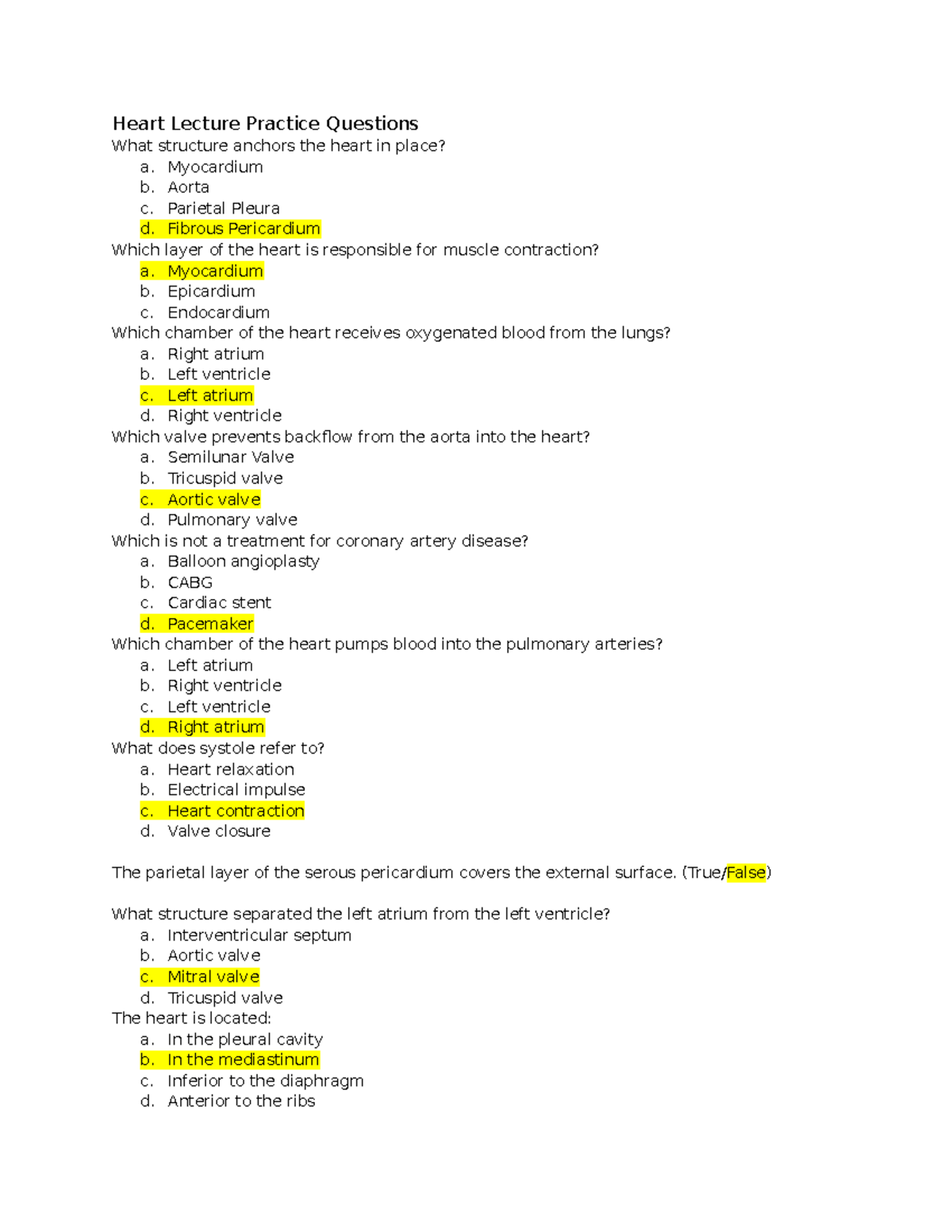Heart Lecture Practice Q&A: Key Concepts and Questions - Studocu