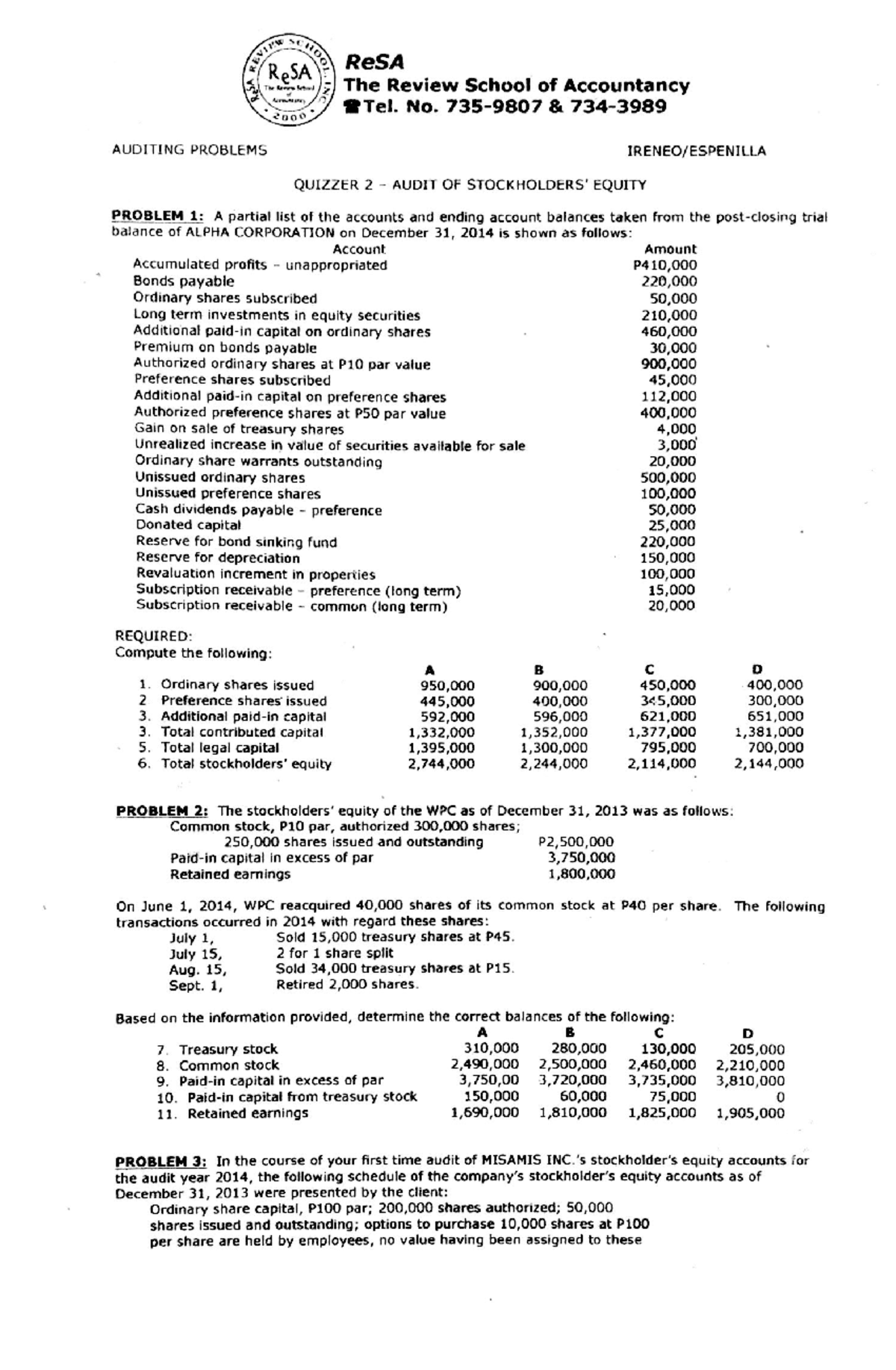 Auditing Problems Practice: RESA Reviewer Guide for Students - Studocu