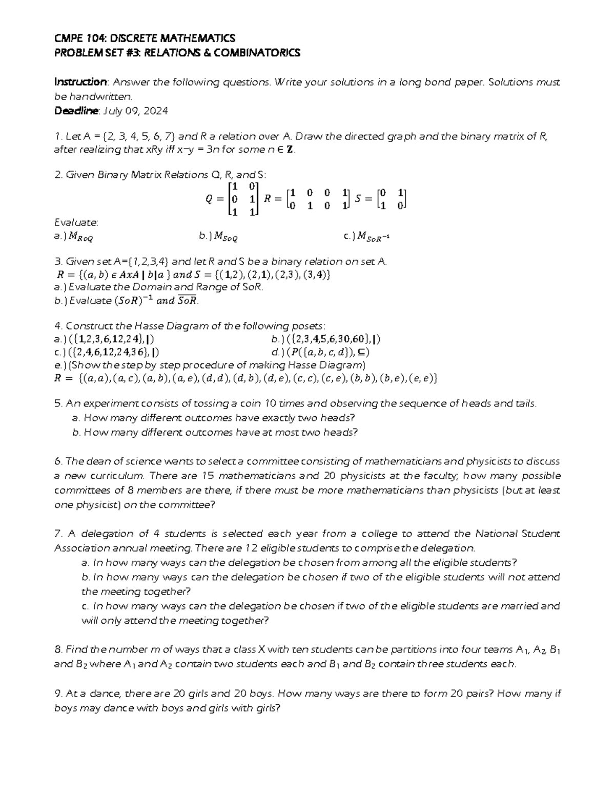 Act3 Relations Combinatorics Discrete Mathematics Cmpe 104 Discrete Mathematics Problem Set