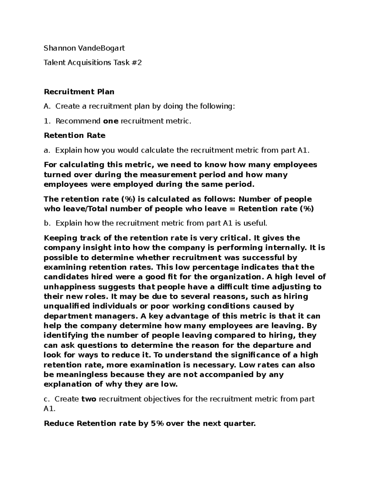 T.A Task 2 - Recruitment Plan & Metrics Analysis - Studocu