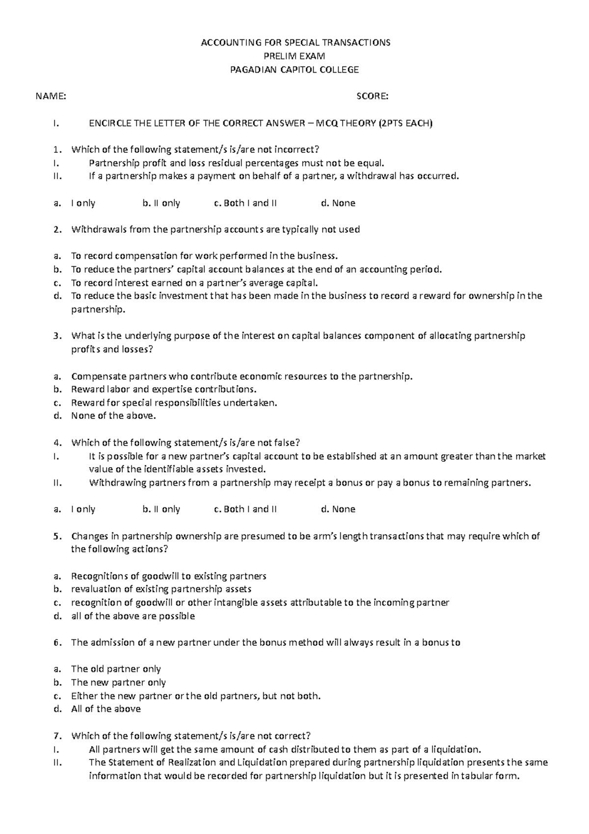 PRELIM EXAM - ACCOUNTING FOR SPECIAL TRANSACTIONS (ACC 101) - Studocu