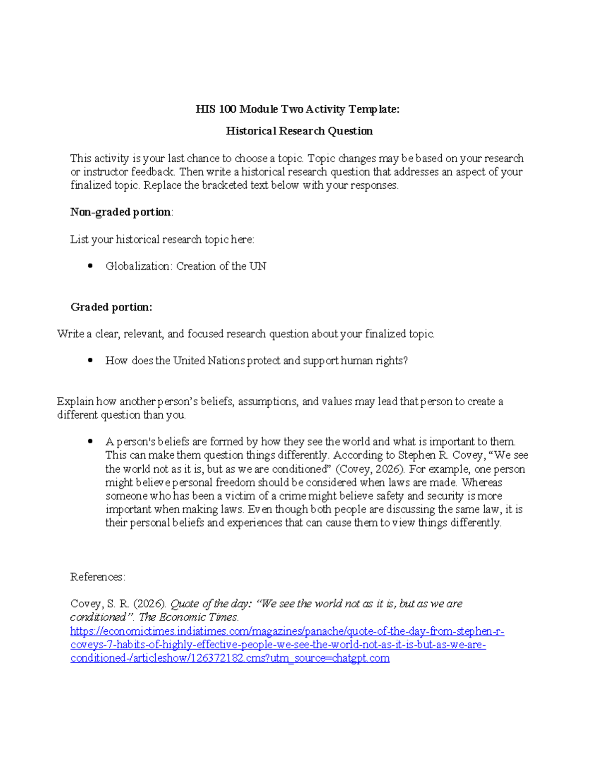 HIS 100 Week 2 Assignment: Historical Research Question on UN - Studocu